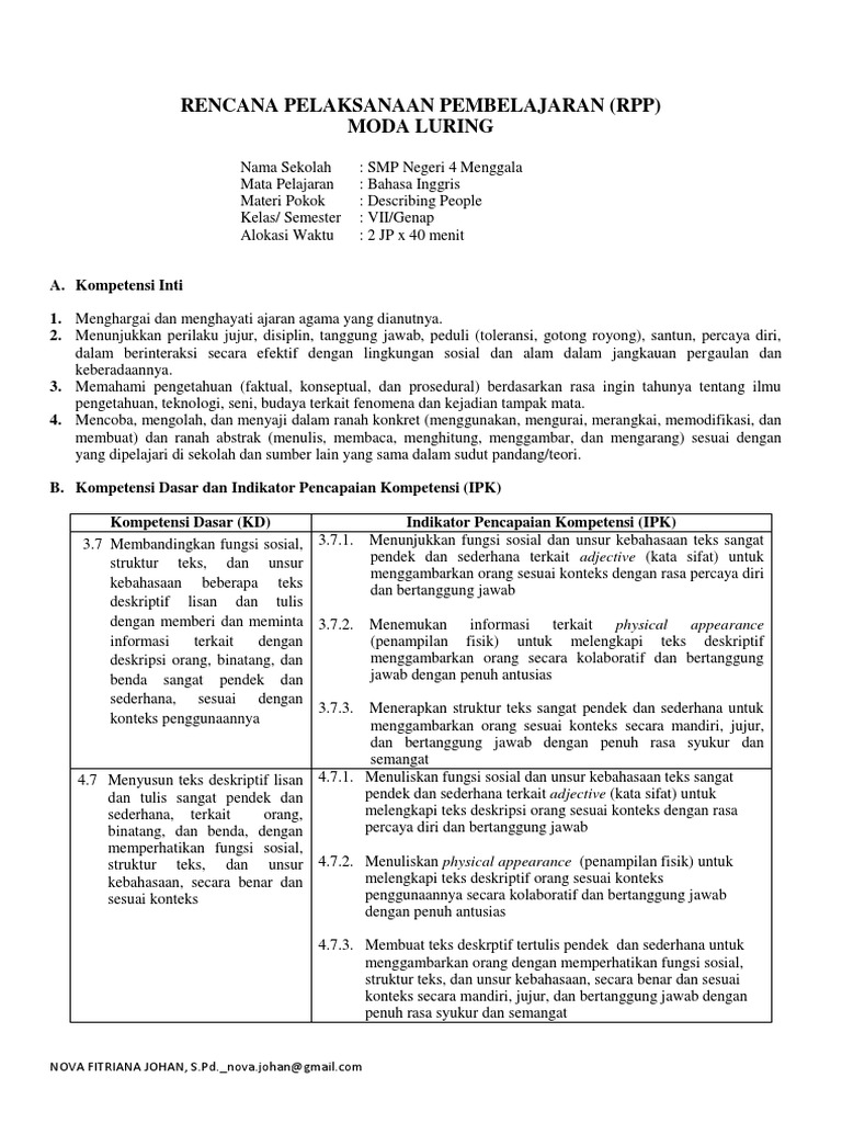 RPP Describing People untuk Kelas VII | PDF
