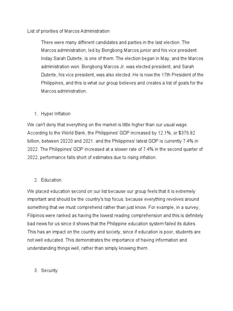 Marcos Administration's Key Priorities | PDF | Philippines | Economies