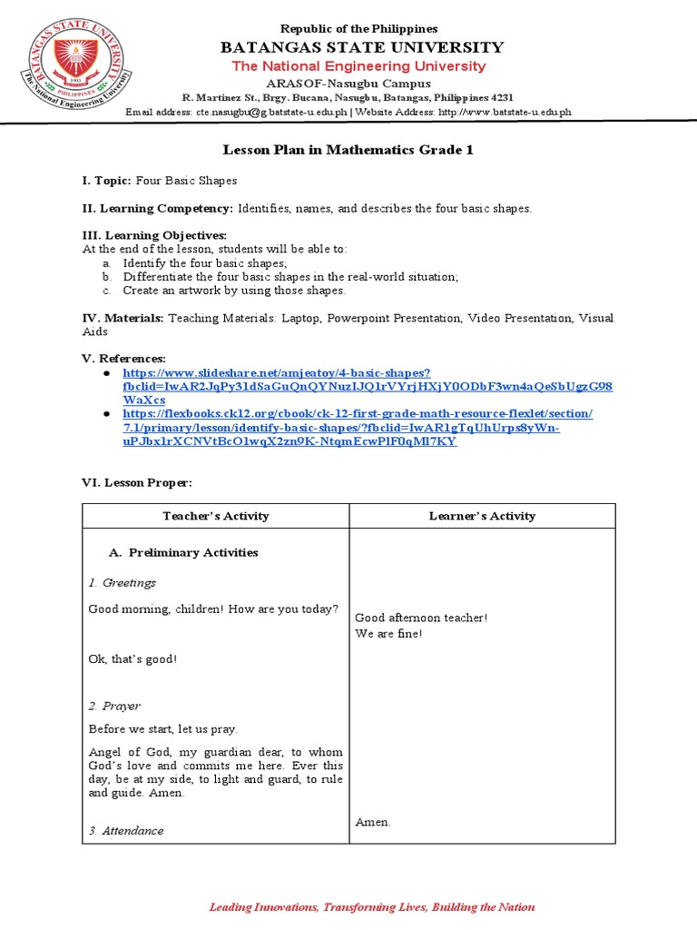 Lesson Plan in Mathematics Grade 1 | PDF | Rectangle