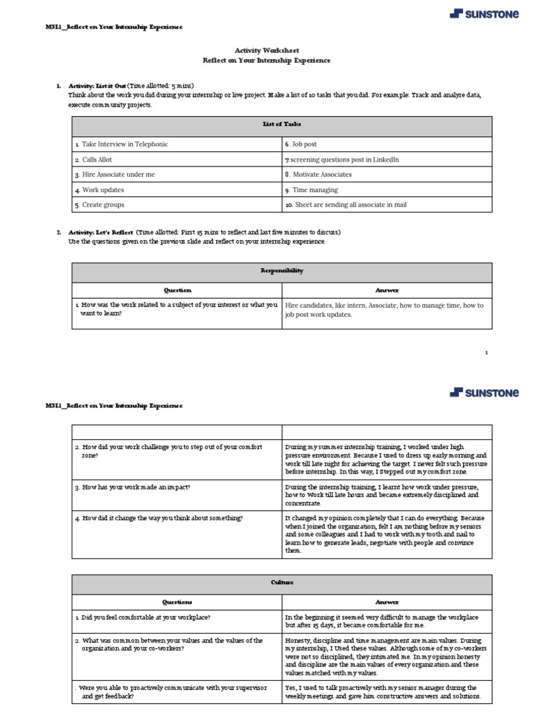 Activity Worksheet 1 - Reflect On Your Internship Experience | PDF ...