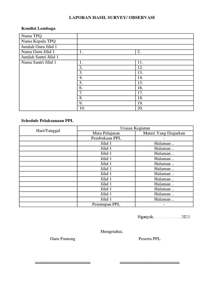Contoh Lampiran Laporan PPL | PDF
