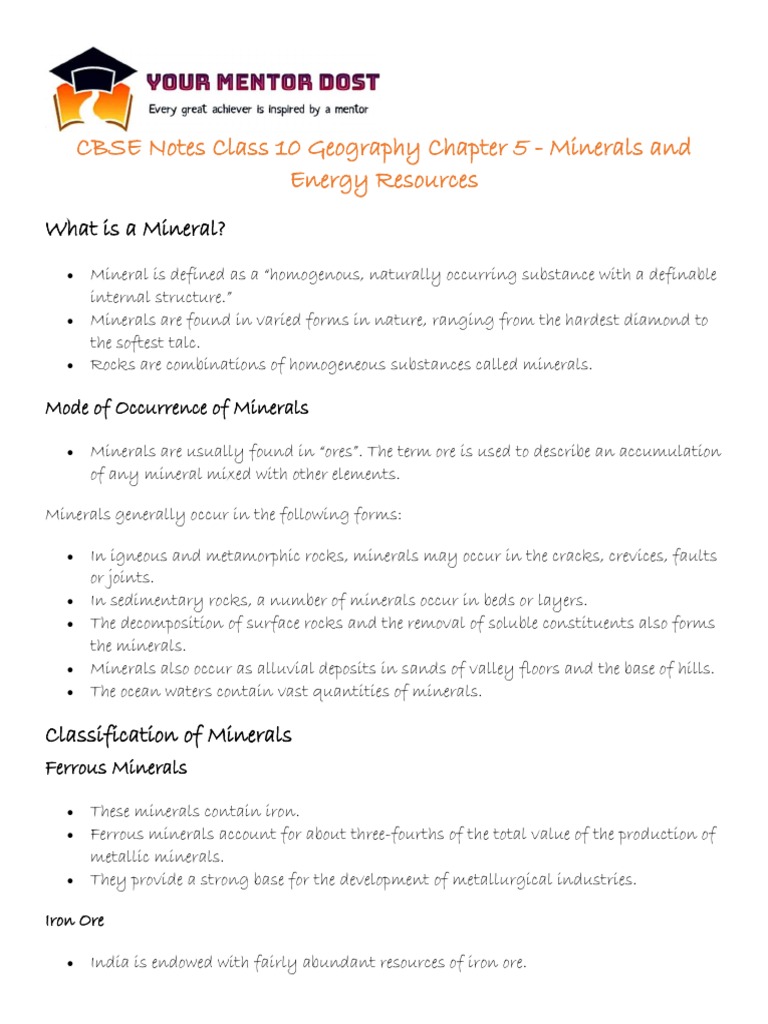 CBSE Notes Class 10 Geography Chapter 5 - Minerals and Energy Resources ...