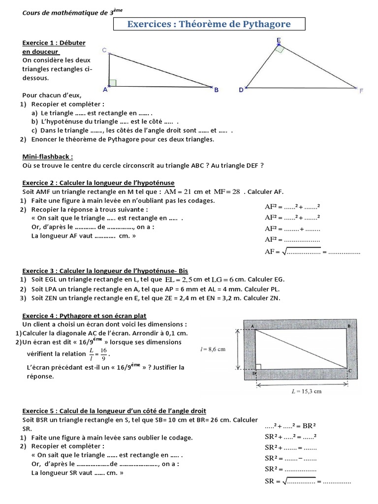 3eme Exercices Theoreme de Pythagore | PDF | Triangle | Géométrie