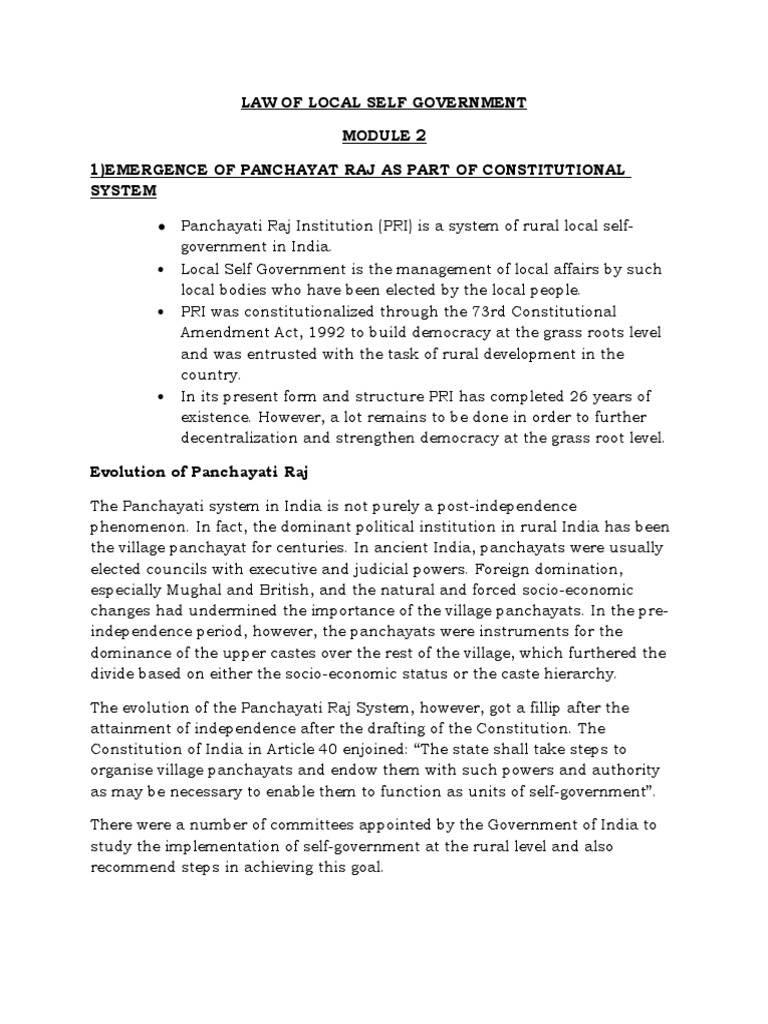Law of Local Self Government 1) Emergence of Panchayat Raj As Part of ...