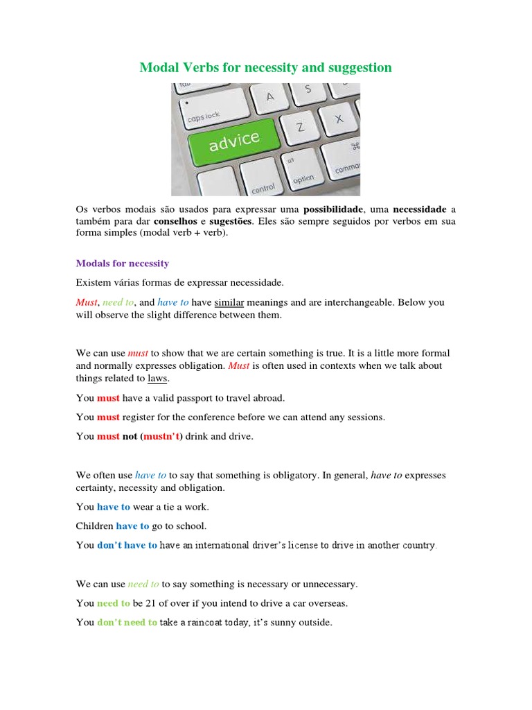 Modal Verbs: Necessity & Suggestions | PDF | Grammar | Linguistics