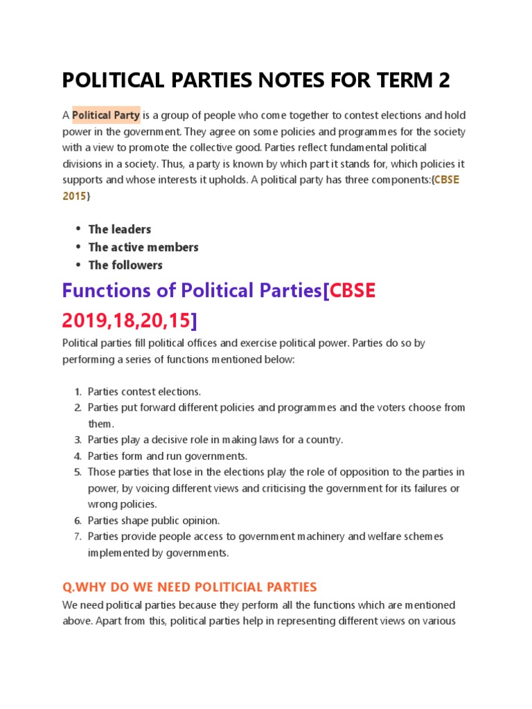 Political Parties Notes For Term 2 | PDF | Government | Politics Of India