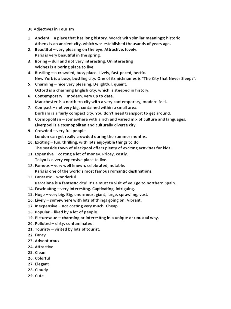 Adjectives Describing Tourist Destinations | PDF | Travel
