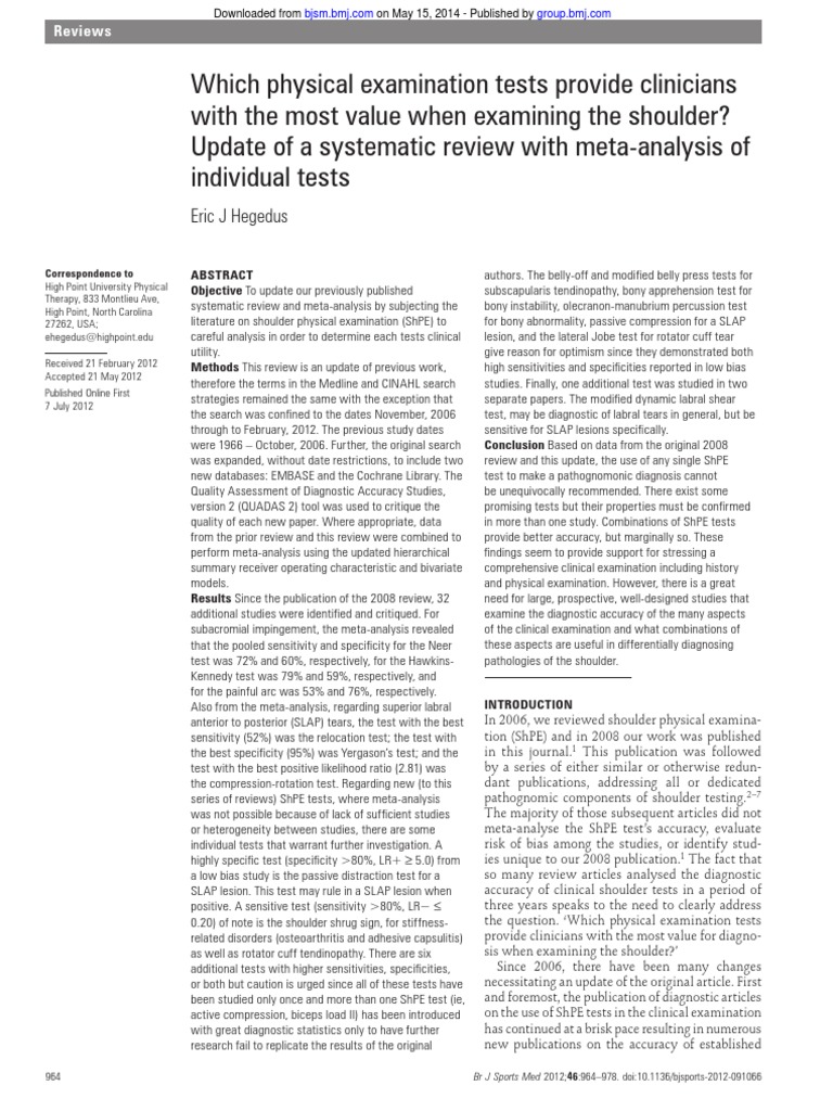 Hegedus 2012 | PDF | Sensitivity And Specificity | Meta Analysis