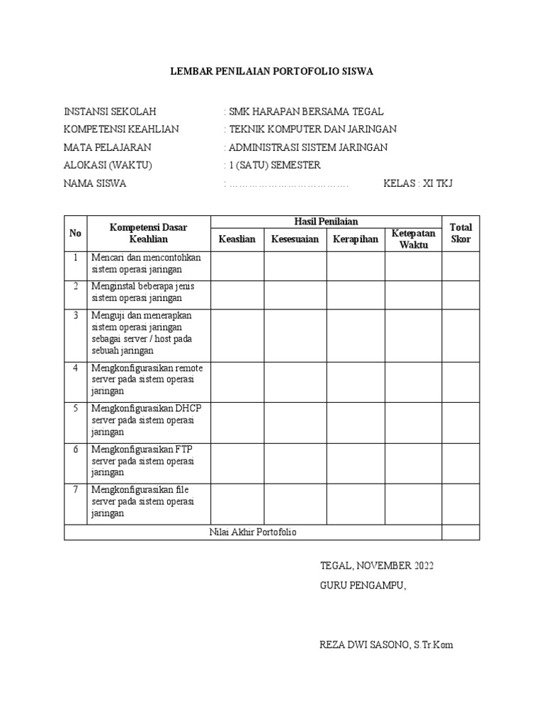 Lembar Penilaian Portofolio Siswa | PDF