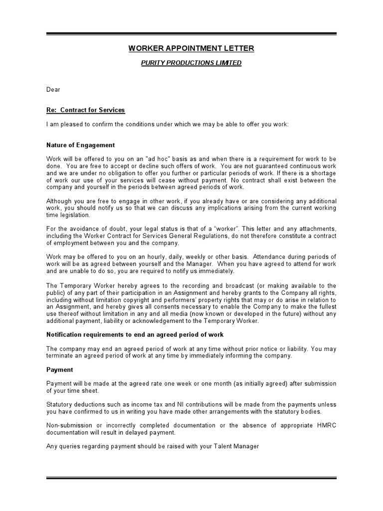 Temporary Worker Appointment Letter Example | PDF | Temporary Work ...