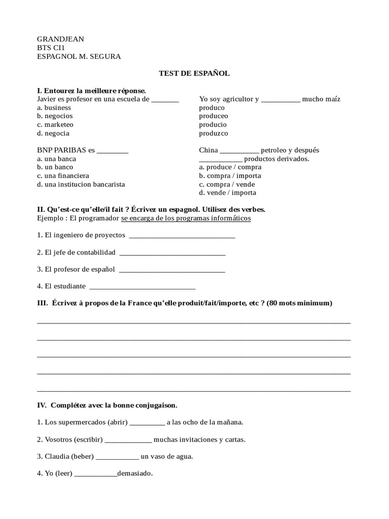 Test de Espagnol CI1 | PDF | Crecimiento personal y profesional ...