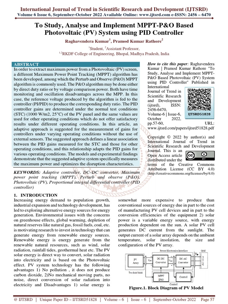 To Study, Analyse and Implement MPPT PandO Based Photovoltaic PV System ...