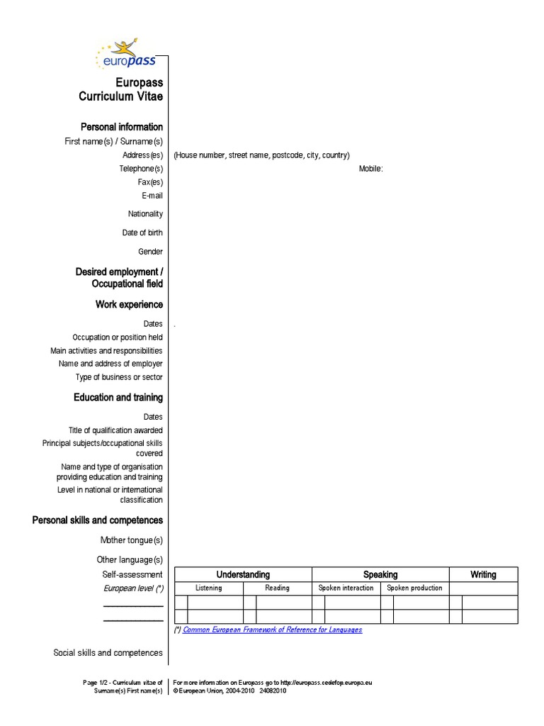 Europass CV Template Word | PDF | Cognition | Communication