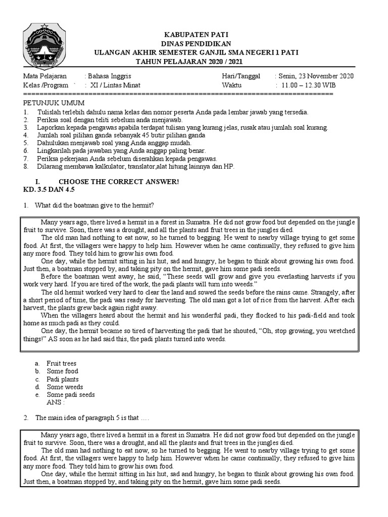 Soal Lintas Minat B Inggris Xi Ganjil 2020 | PDF | Audition | Rice