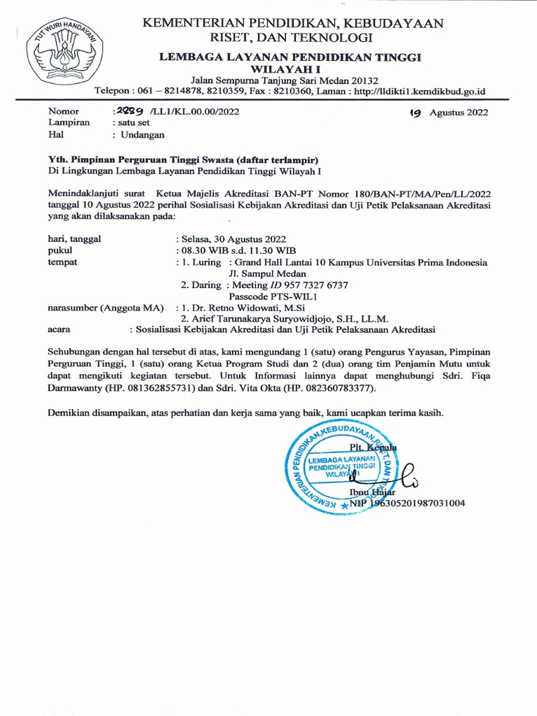 Undangan BAN-PT 30 Agustus 2022 | PDF