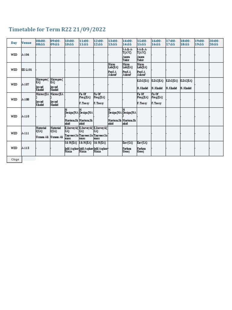 Timetable For Term R22 (21-Sept-2022) | PDF Timetable For Term R22 (21-Sept-2022) | PDF