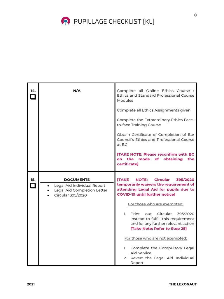 Pupillage Checklist KL Organized | PDF | Justice | Crime & Violence