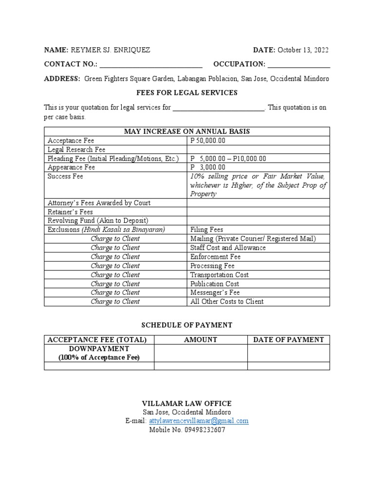 Legal Fees Form | Download Free PDF | Fee | Lawyer
