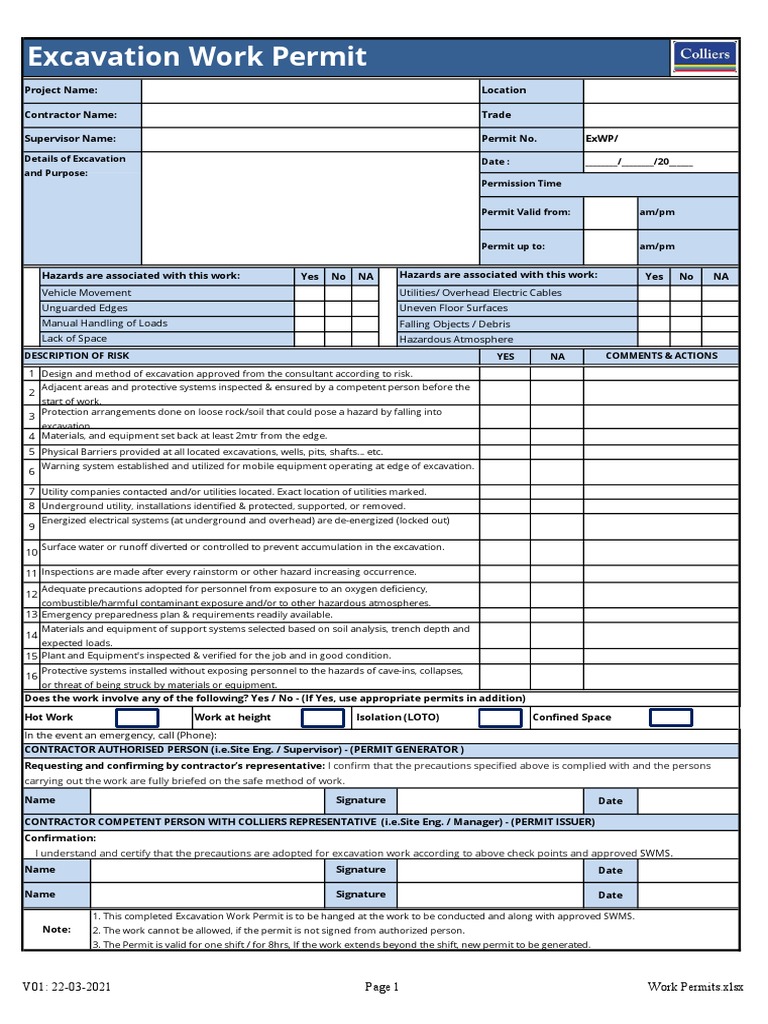 Excavation Work Permit | PDF | Hazards | Safety