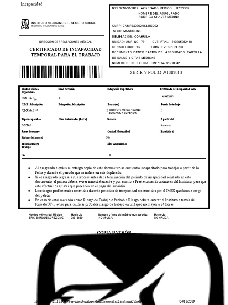 Certificado de Incapacidad Temporal para El Trabajo: Instituto Mexicano ...