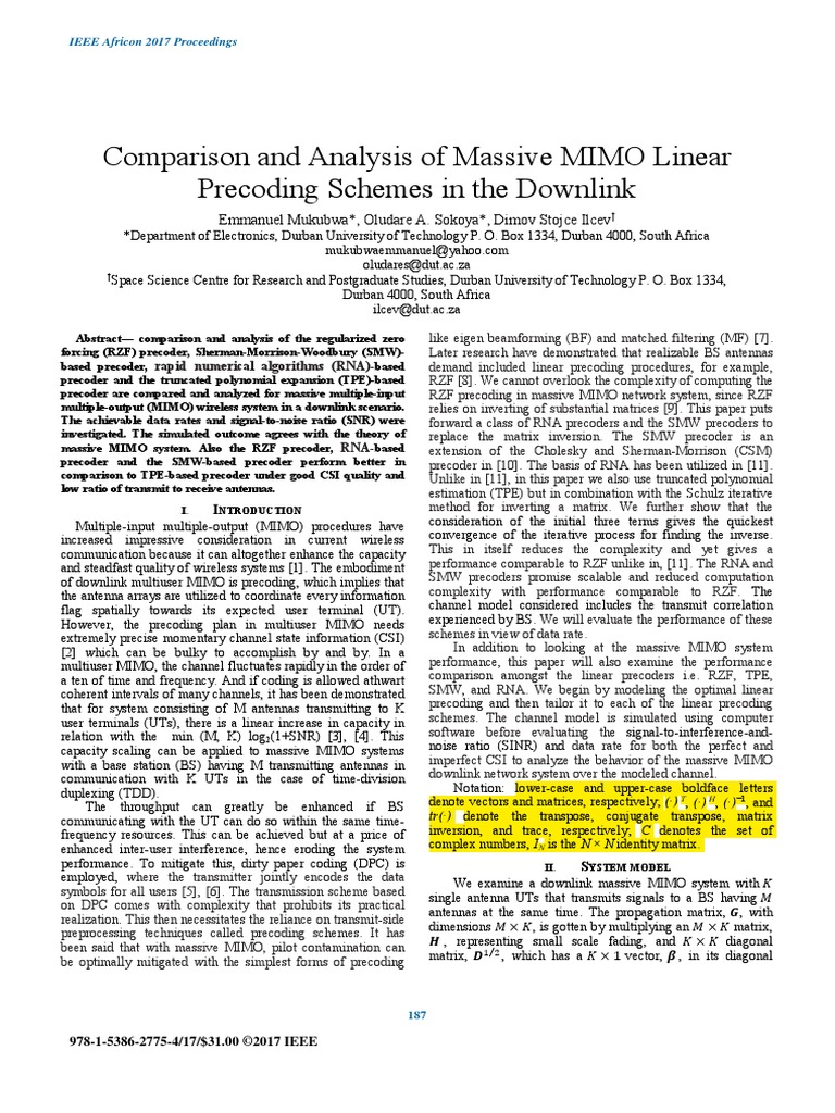 Comparison And Analysis Of Massive Mimo Linear Precoding Schemes In The Downlink Pdf Mimo