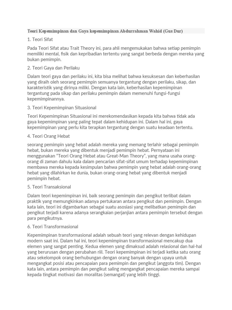 Teori Kepemimpinan Dan Gaya Kepemimpinan Abdurrahman Wahid | PDF