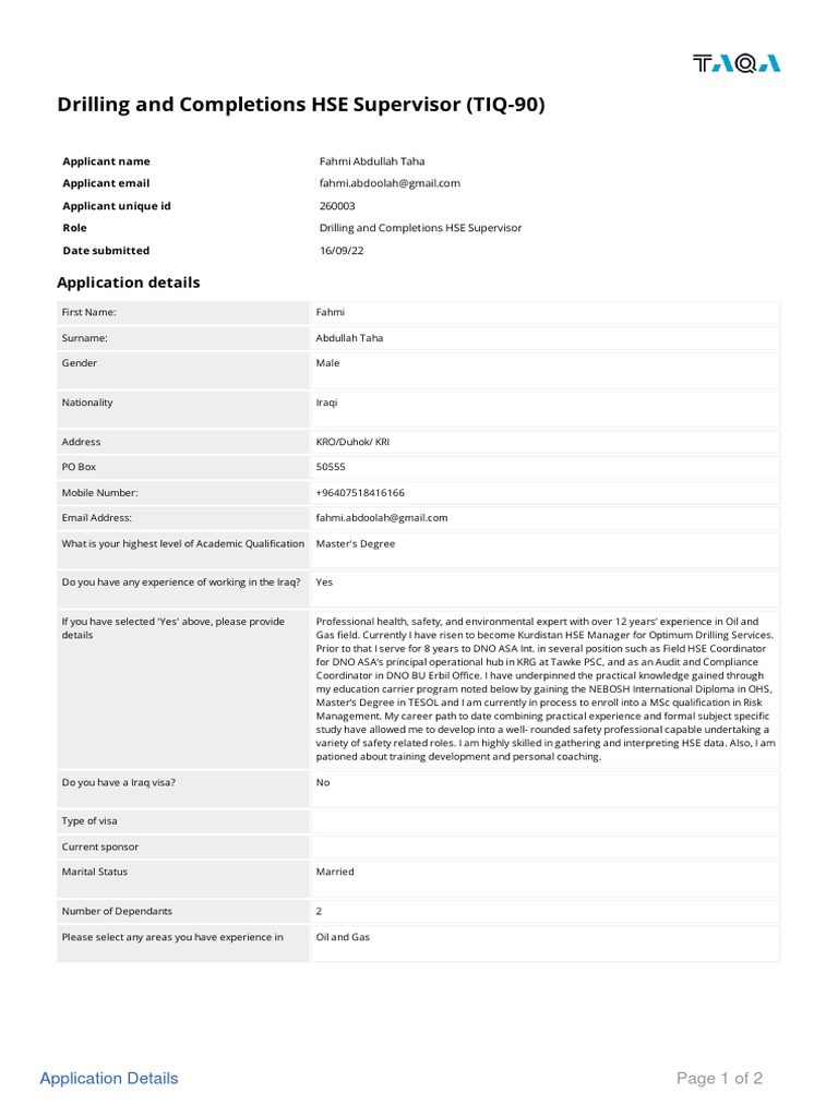 Drilling HSE Supervisor Application: Fahmi Taha | PDF | Oil Well