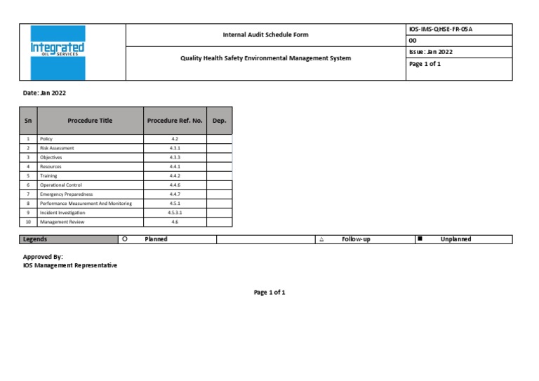 Internal Audit Schedule - IOS-IMS-QHSE-FR-05A | PDF