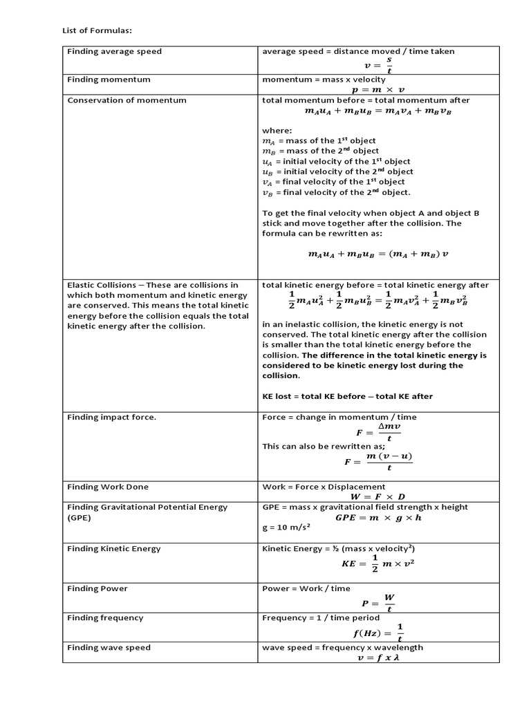 List of Formulas | PDF | Collision | Kinetic Energy
