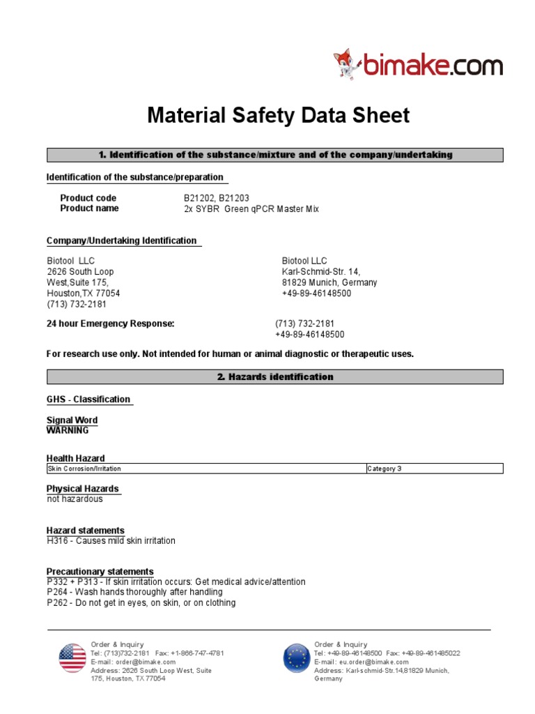 MSDS 2x SYBR Green QPCR Master Mix | PDF | Personal Protective ...