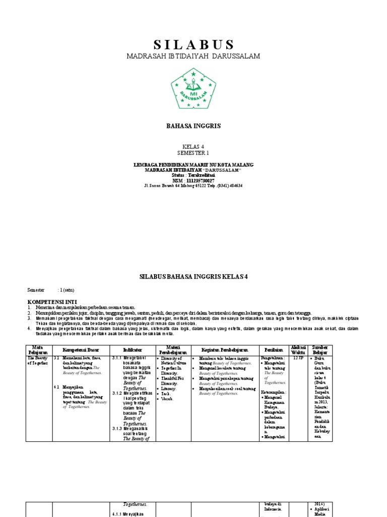 Silabus Bahasa Inggris Kelas 4 SEM 1 OK | PDF