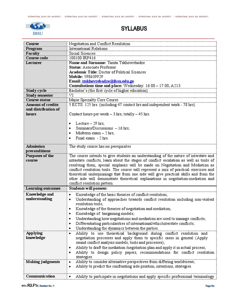 Negotiation and Conflict Resolution Syllabus | PDF | Negotiation ...