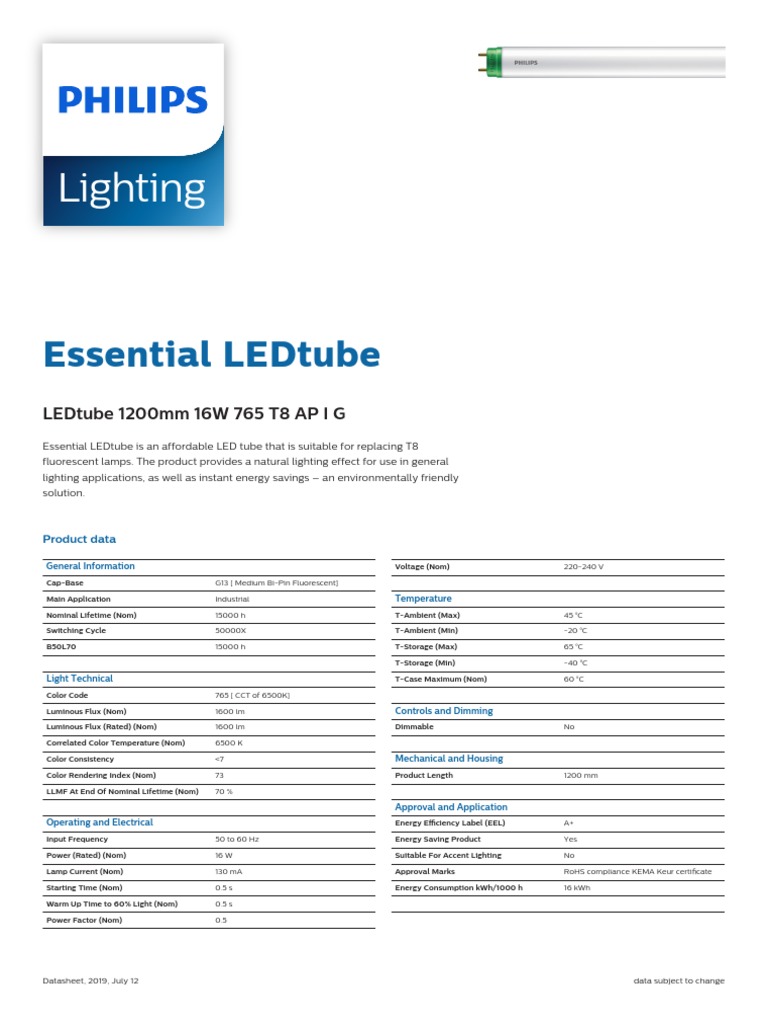 LEDtube 1200mm 16W 765 T8 AP I G | PDF | Lighting | Fluorescent Lamp