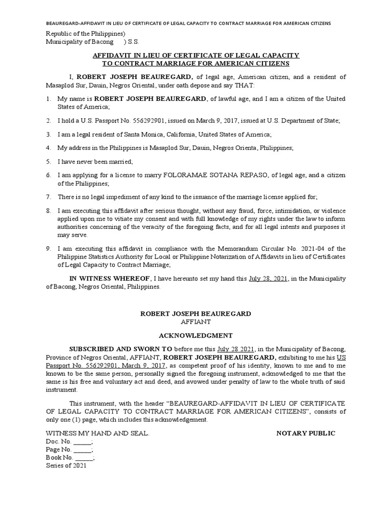 Affidavit in Lieu of Certificate of Legal Capacity To Contract Marriage ...