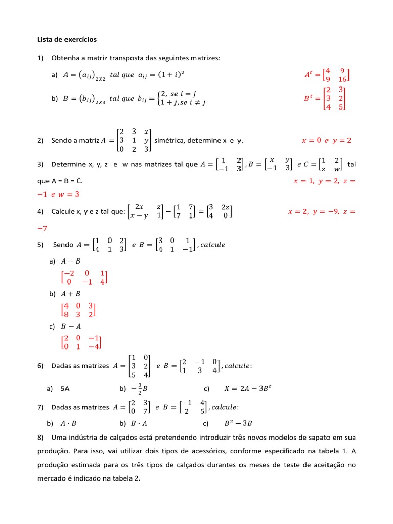 Lista de Exercicios 'Matriz Transposta | PDF | Matriz (Matemática)