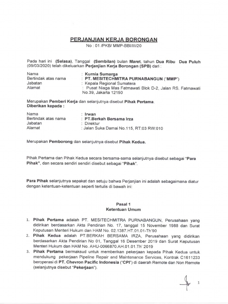 Kontrak PT - BBI | PDF