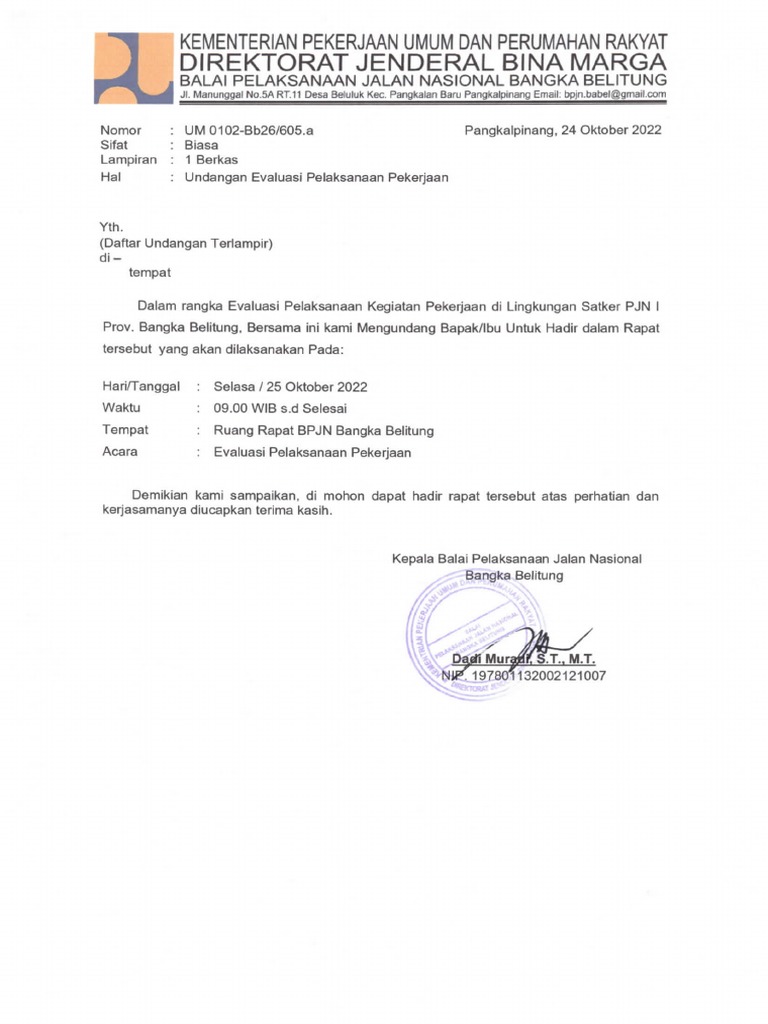 Undangan Evaluasi Pelaksanaan Pekerjaan | PDF