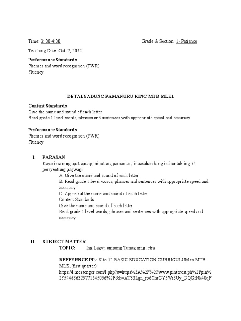 LESSON-EXEMPLAR-IN-MTB-MLE | PDF | Phonics | Writing