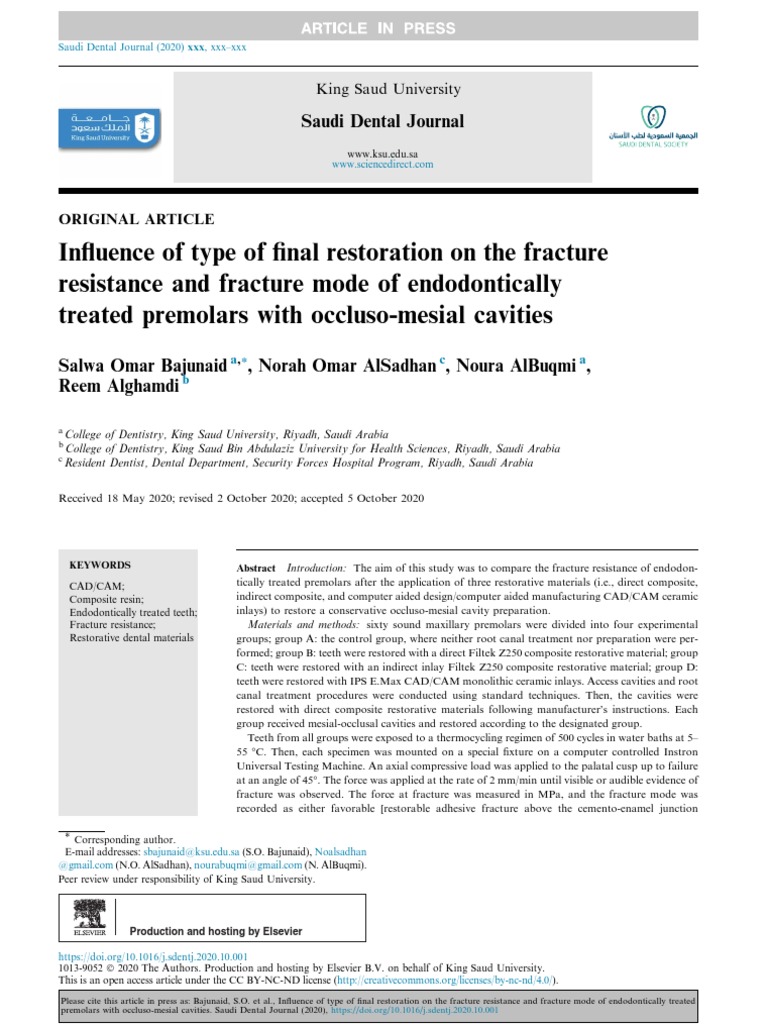 Influence of Type of Final Restoration On The Fracture Resistance and ...