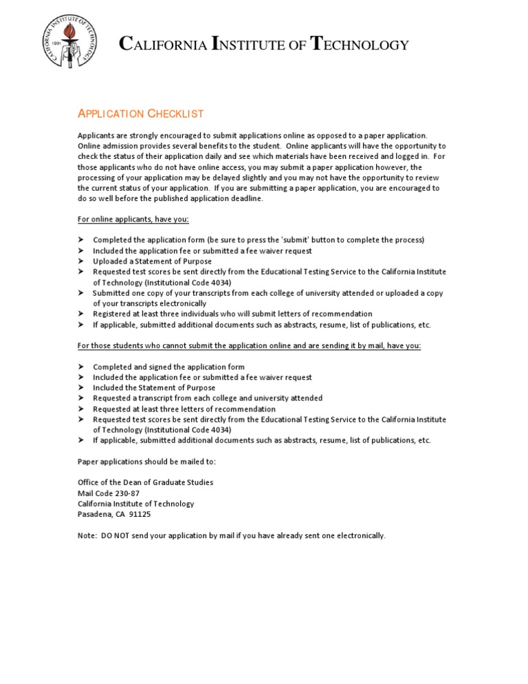 Caltech Graduate Application Checklist | PDF