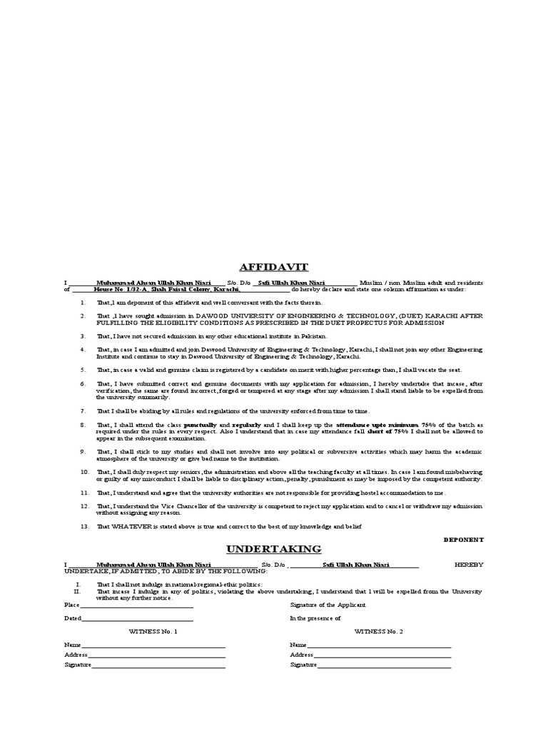 Affidavit For Admission (Dawood University of Engineering & Technology) | PDF | Affidavit ...