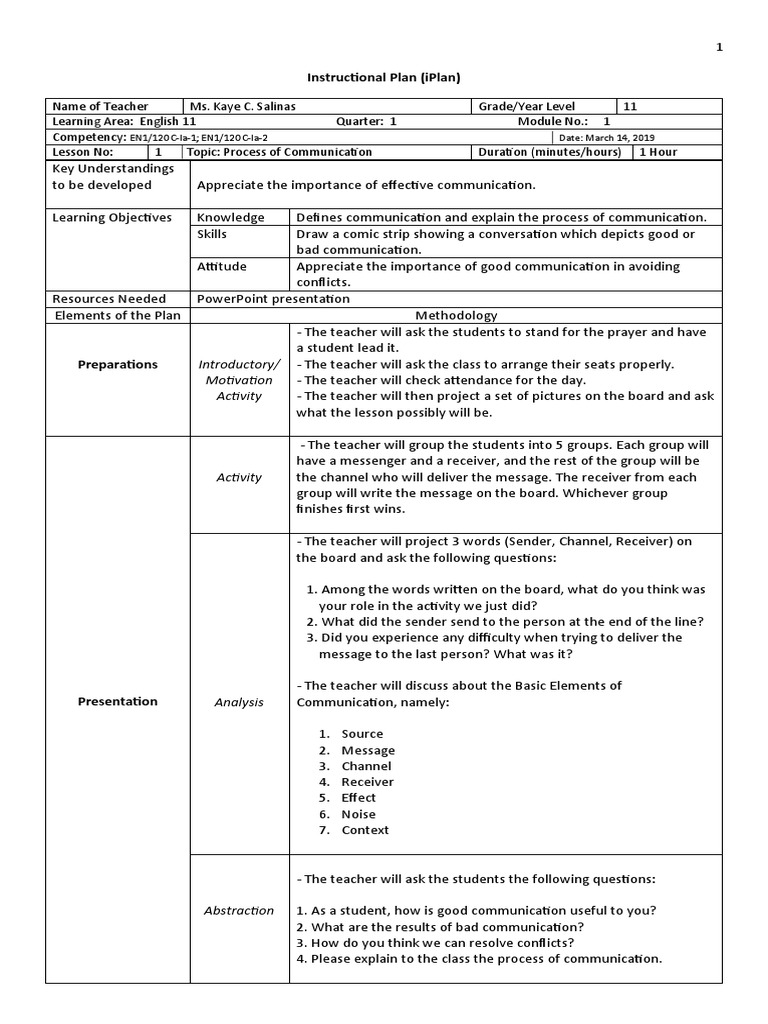 Instructional Plan For G11 (Final) | PDF | Communication | Teachers