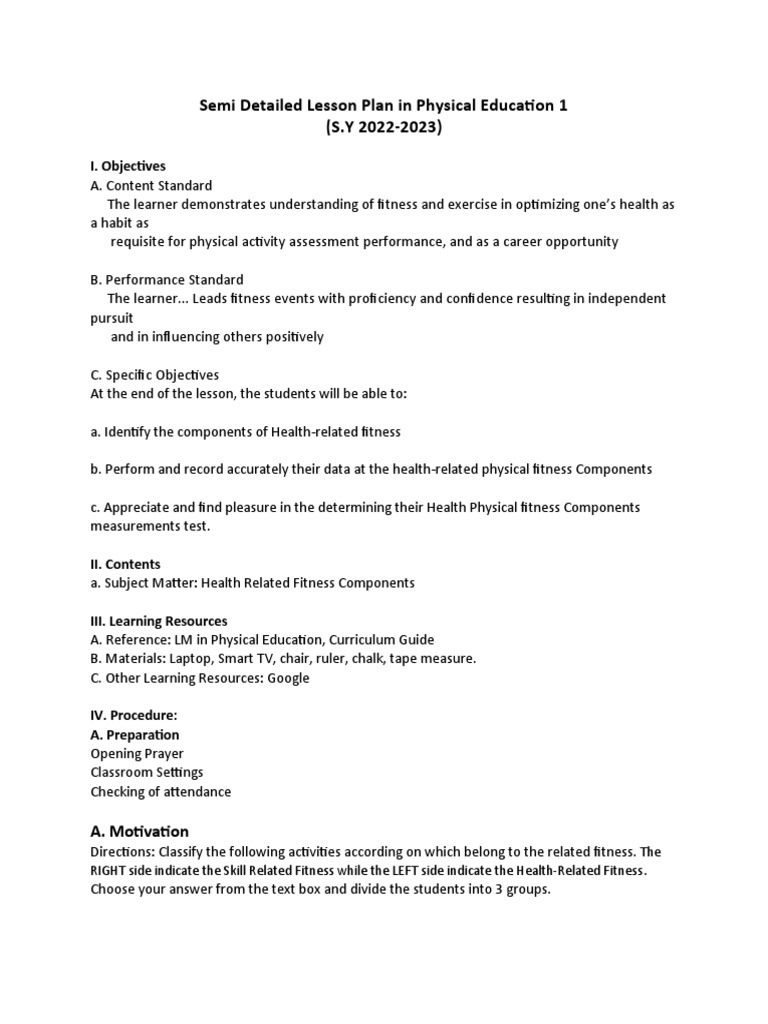 Semi Detailed Lesson Plan in PE | PDF | Physical Fitness | Physical ...