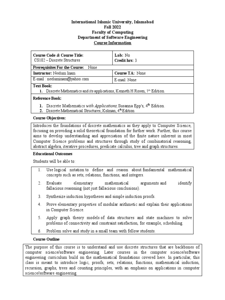 CourseOutline - Discrete Structures Fall 2022 | PDF | Discrete Mathematics | Logic