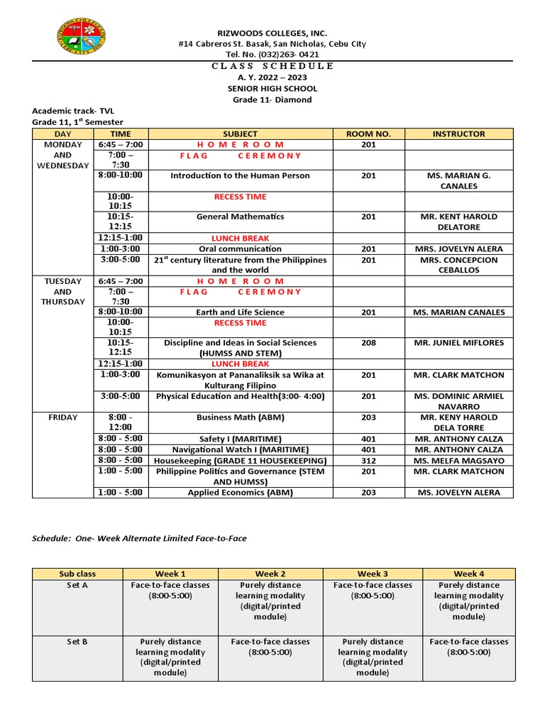 SHS Blended CLASS SCHEDULE | PDF | Science