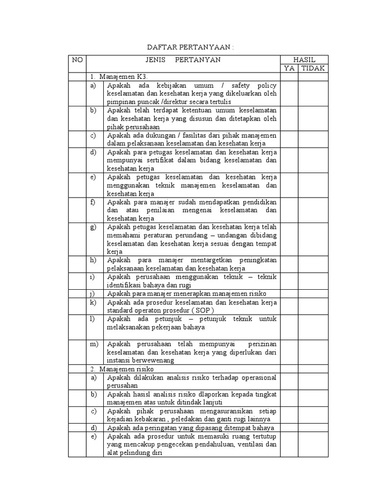 DAFTAR PERTANYAAN k3 | PDF