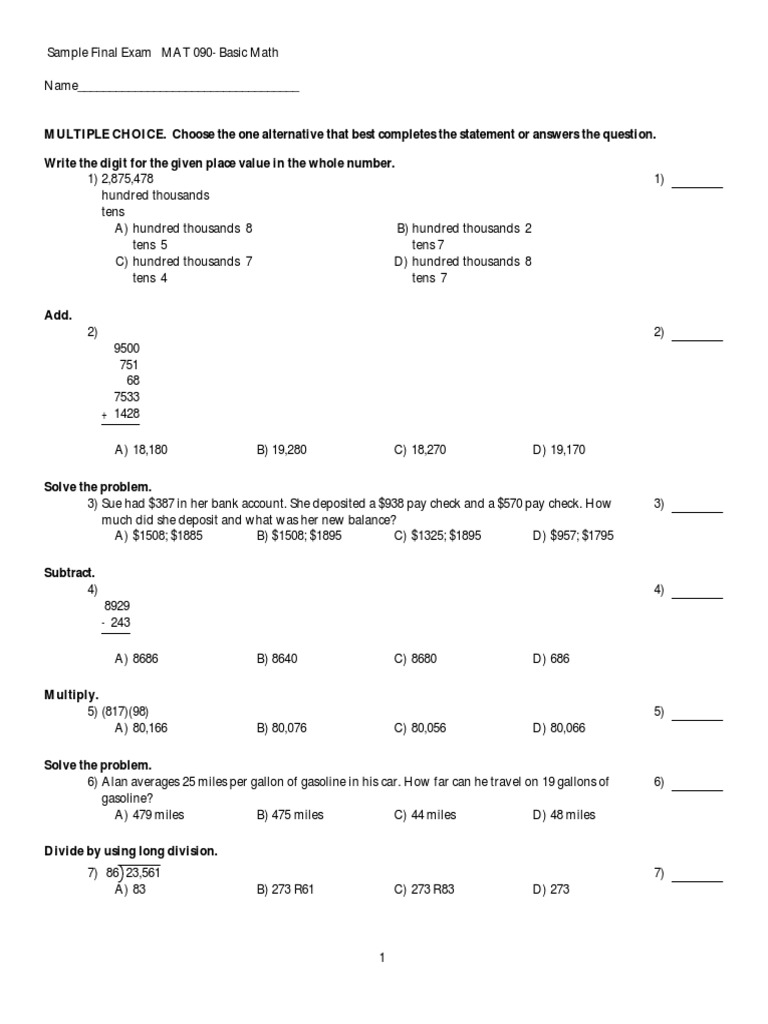 Sample Final Exam MAT 090-Basic Math: A Comprehensive Review of Key ...