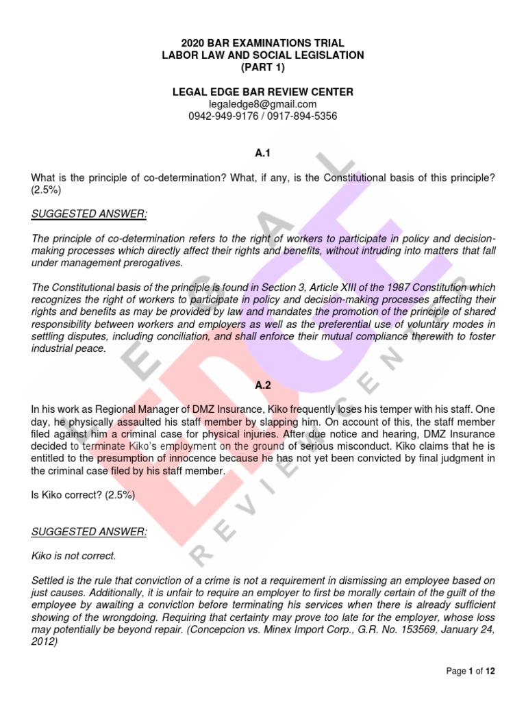 Labor Law Bar Exam Review 2020 | PDF | Strike Action | Employment