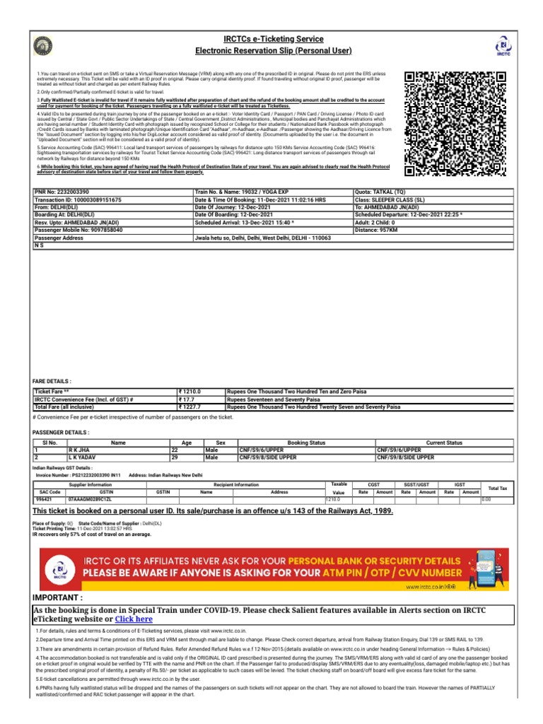 Irctcs E-Ticketing Service Electronic Reservation Slip (Personal User ...