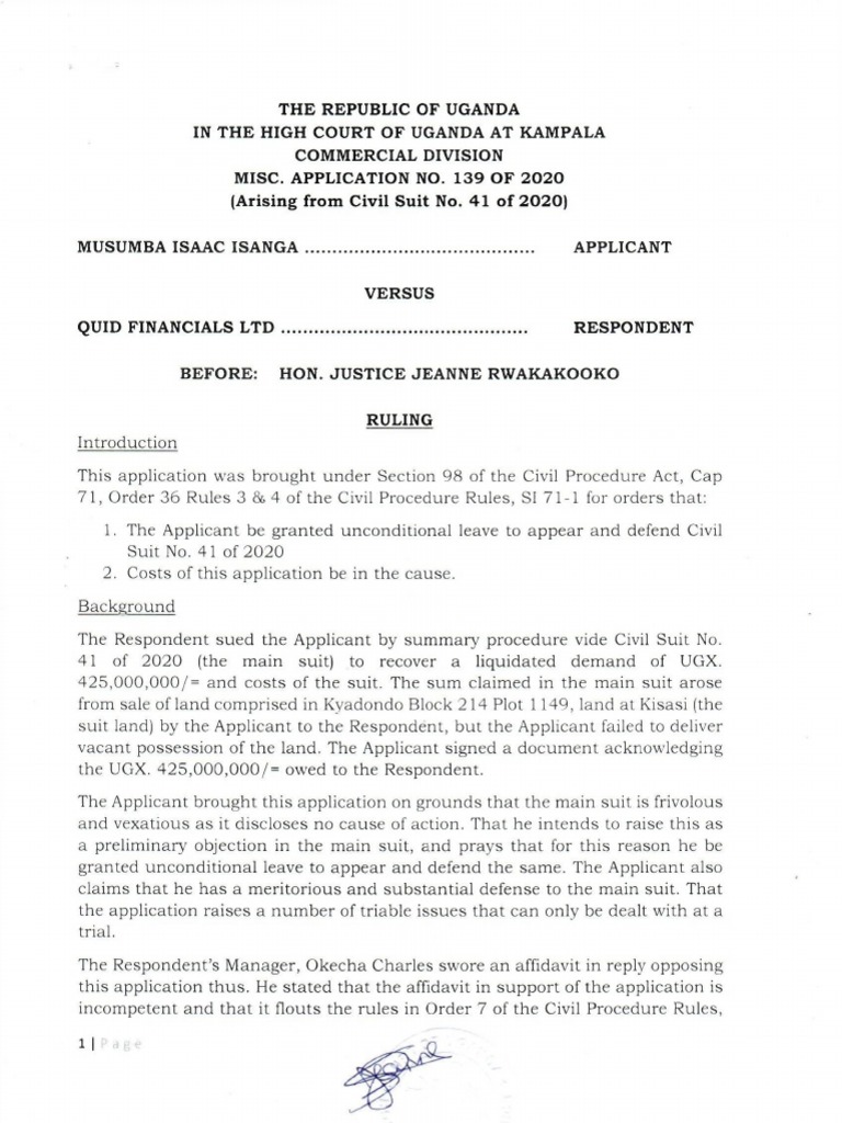 Uganda Court Rules on Land Dispute | PDF | Lawsuit | Affidavit